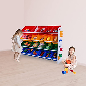 UNiPLAY Toy Organizer with 20 Removable Storage Bins, Multi-Bin Organizer for Books, Building Blocks, School Materials, Toys with Baseplate Board Frame (Primary)