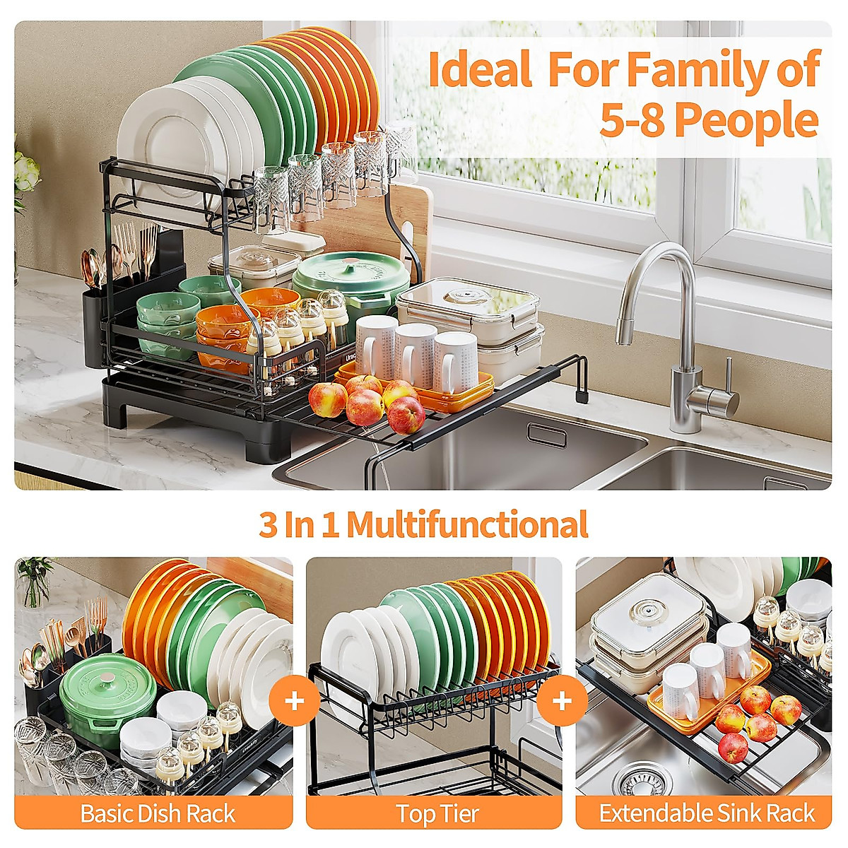 Urackify Extendable Dish Drying Rack, 2-Tier Dish Rack for Kitchen Counter, Large Expandable Dish Drainer Over Sink, 3 in 1 Multifunction Dish Strainer with Drainboard & Cups Holder, Black