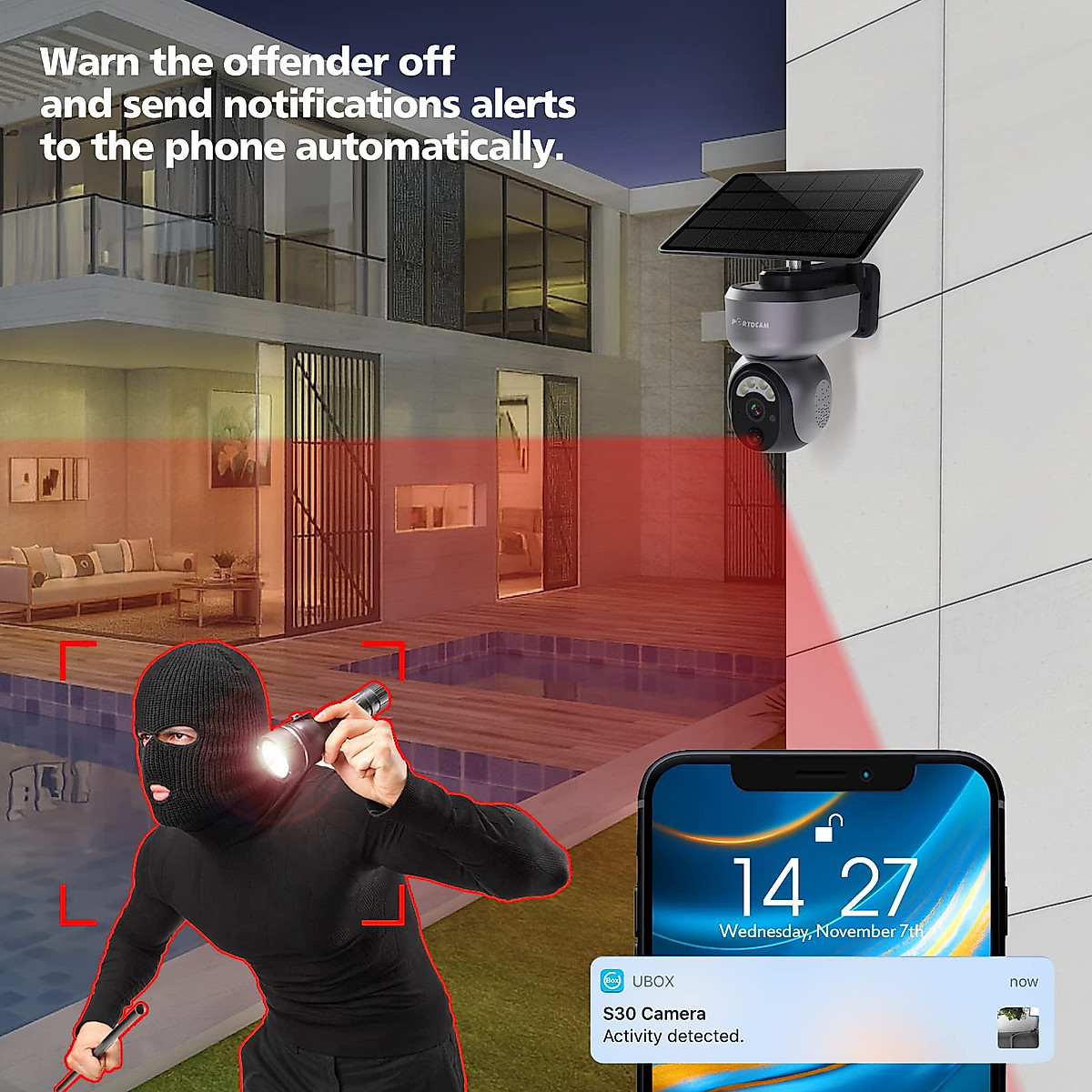 PORTOCAM Security Camera Outdoor, Pan Tilt 360°View Solar Battery Powered Rechargeable Wireless Spotlight Security System, 1080P Full-Color Night Vision, 2-Way Talk, Motion Detection, and Cloud S30