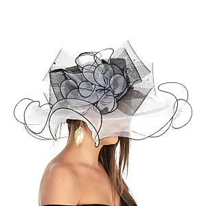 Women's Organza Church Kentucky Derby British Fascinator Bridal Tea Party Wedding Hat Summer Ruffles Cap（HL-White Black Line）