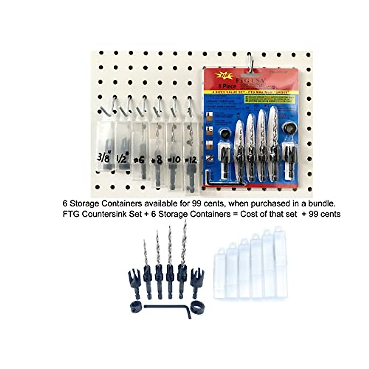 FTG USA Wood Countersink Drill Bit Set Sizes 6 8 10 12 Countersink Tapered Drill Bits, 2 Wood Plug Cutter for Sizes 3/8" and 1/2", 2 Stop Collars, 1 Allen Wrench, and 6 Storarage Containers