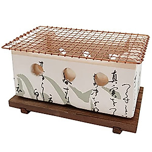 TIKUSAN Table Top Charcoal Grill, Shichirin with Wire Mesh Grill and Wooden Base Made in Japan Original Japanese Design White Middle Size
