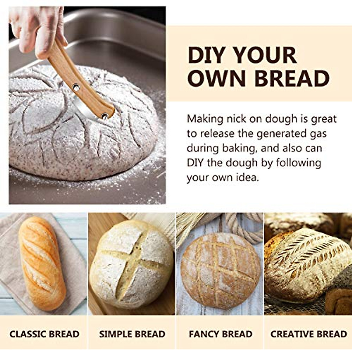 Healeved Van with Wooden Handle, Bread Baker Turning Tool, Bread Slicer Cake Cutter, Dough Maker Cutting Tool, Acid Dough Bread Knife with Plastic Protector Cover 5 Blades