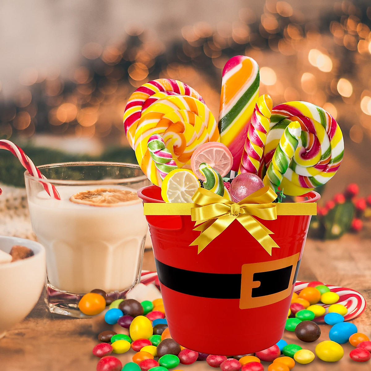 LLE Plastic Buckets with Handles, Red Santa Belt Round Basket, Multi-Purpose Container Decorative Home Kitchen Candy Bars Vase Toy Baskets for Christmas Winter Holiday Party Supplies Set of 4