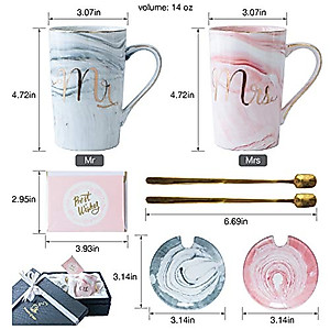 Jumway Mr and Mrs Coffee Mugs - Wedding Gifts for Bride and Groom - Gifts for Bridal Shower Engagement Wedding and Married Couples Anniversary - Ceramic Marble Cups 14 Oz Pink