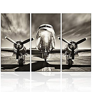 KLVOS 3 Piece Airplane Wall Art Vintage Black and white Propeller Aircraft Picture for Boy Room Home Office Modern Home Decor Stretched and Framed Ready to Hang - 16"x32"x3pcs