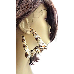 Bamboo Hoop Earrings Silver or Gold Tone Earrings 3 inch Puffy Square Hoops (Gold)