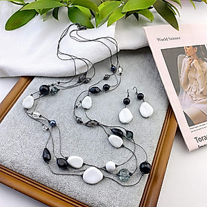 COIRIS 3 Layers Illusion Wire Long Statement Necklace Earrings Set For Women Black White Beaded (N0008-black+white)