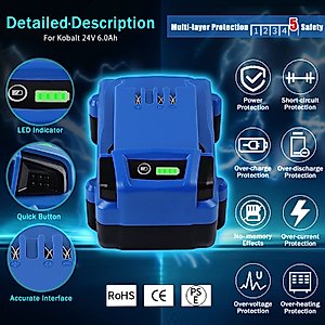【Upgrade!】 2Pack 6.0Ah Replace Battery for Kobalt 24V Battery Max KB624-03 KB524-03 KB424-03 KB224-03 KB124-03 Lithium Ion Cordless Tools High Capacity Battery[Can't FIT Snow Joe &Sun Joe &Chain Saw]