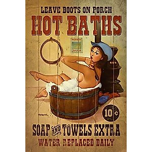 annekilly Vintage Hot Baths Country Western Old West Cowgirl Pin Up Girl Sexy Girl Man Cave Metal Tin Sign Home Bar Kitchen Restaurant Wall Deocr Plaque Signs 12x8inch
