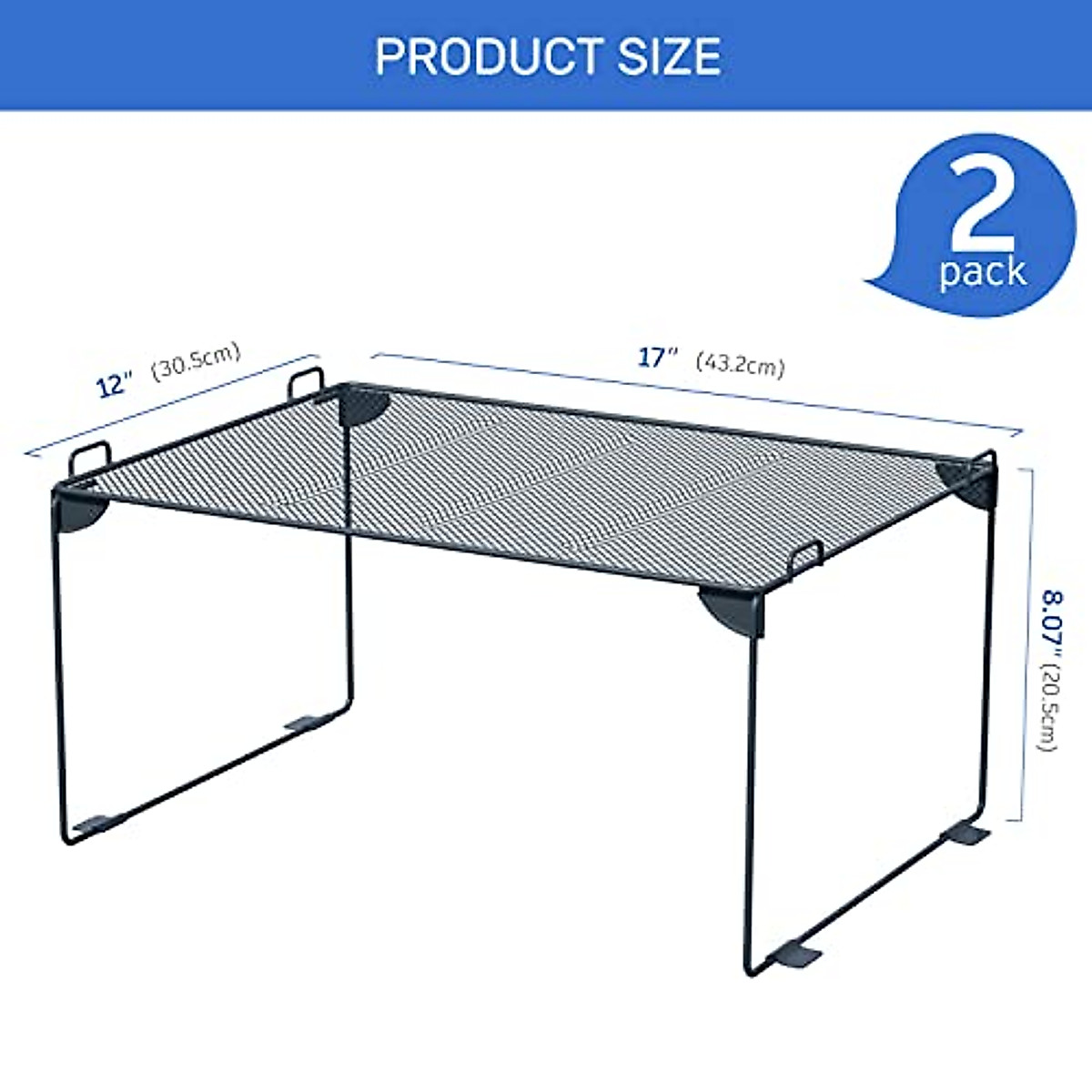 Neudeco Stackable Cabinet Shelf Organizer - 2 Pack Metal Mesh Stacking Shelves for Kitchen, Closet, Bathroom, Countertop and Cabinet -Gray