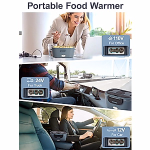 SOHIDA Heated Lunch Box, 80W Electric Lunch Box with Two 1.5L Stainless Steel Interchangeable Containers and Lids, 12V/24V/110V Food Warmer with Utensils and Insulated Bag for Car/Truck/Office (Black)