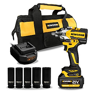 EWORK Cordless Impact Wrench 1/2 inch 21V Brushless High Torque Impact Gun Max 700 Ft-lbs Power with 4.0Ah Li-ion Battery, Fast Charger, 5 Sockets, Tool Bag (RB-810)