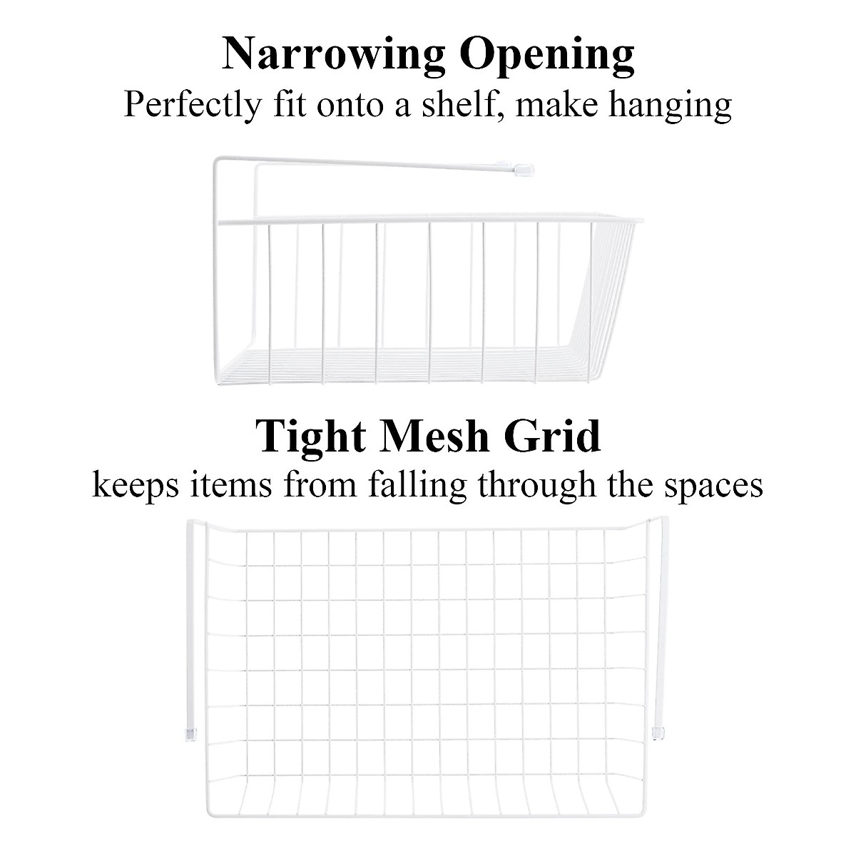 Tebery 4 Pack White Under Shelf Wire Basket Hanging Storage Baskets, Under Cabinet Add-on Storage Racks Slide-in Baskets Organizer for Kitchen Pantry Desk Bookshelf