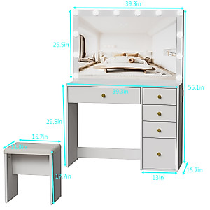 PAKASEPT Makeup Vanity Desk with Lighted Mirror and Charging Station, 39.4" White Vanity Table with 3 Lighting Colors, Hidden Sliding Shelves, 5 Drawers & Stool, Vanity Set for Bedroom