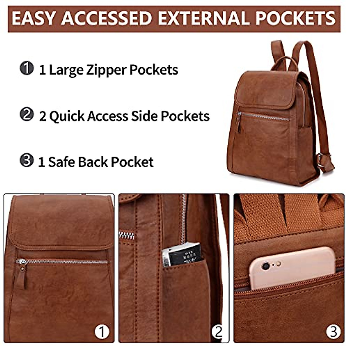 Backpack Purse for Women,Brown Faux Leather Daypack Vegan Travel Bag Bookbag with Flap for Ladies Girls VONXURY