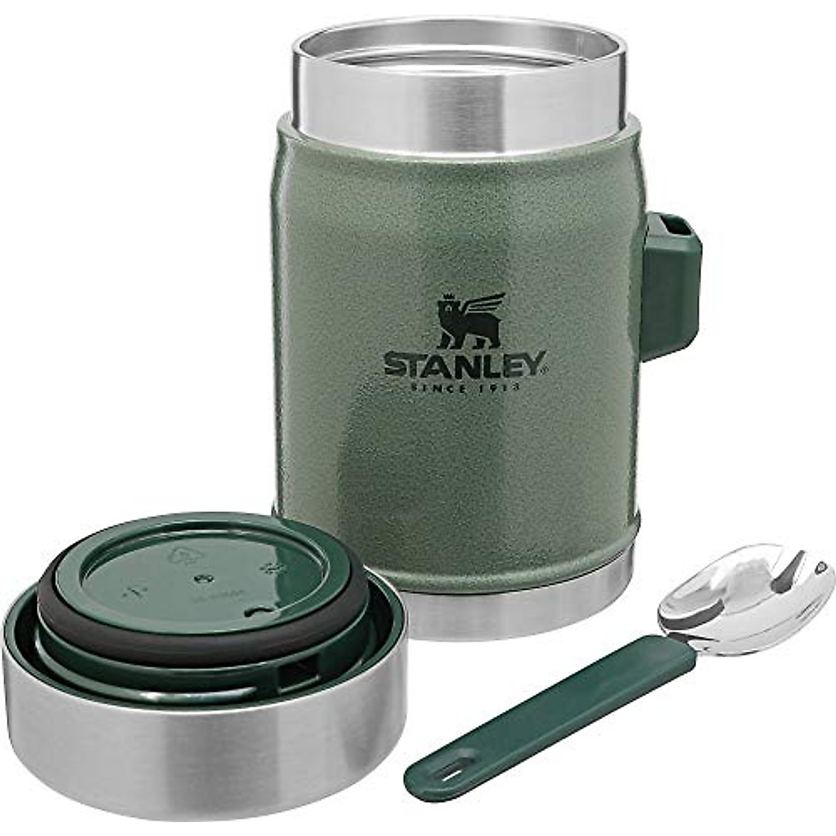 Stanley Classic Legendary Food Jar 0.4L Hammertone Green with Spork – BPA Free Stainless Steel Soup Flask - Keeps Cold or Hot for 7 Hours - Leakproof - Dishwasher Safe