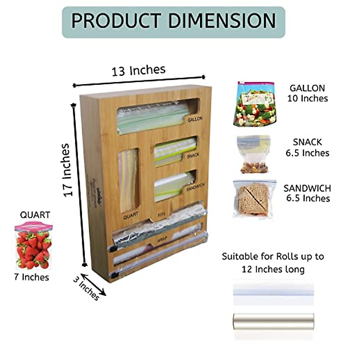 Foil and Plastic Wrap Organizer - 12" Rolls & Storage Bag Organizer, Ziplock Bag Organizer, - (Gallon, Quart, Snack, Sandwich) Bags; 2-In-1 Bamboo Kitchen Drawer/Wall Organizer
