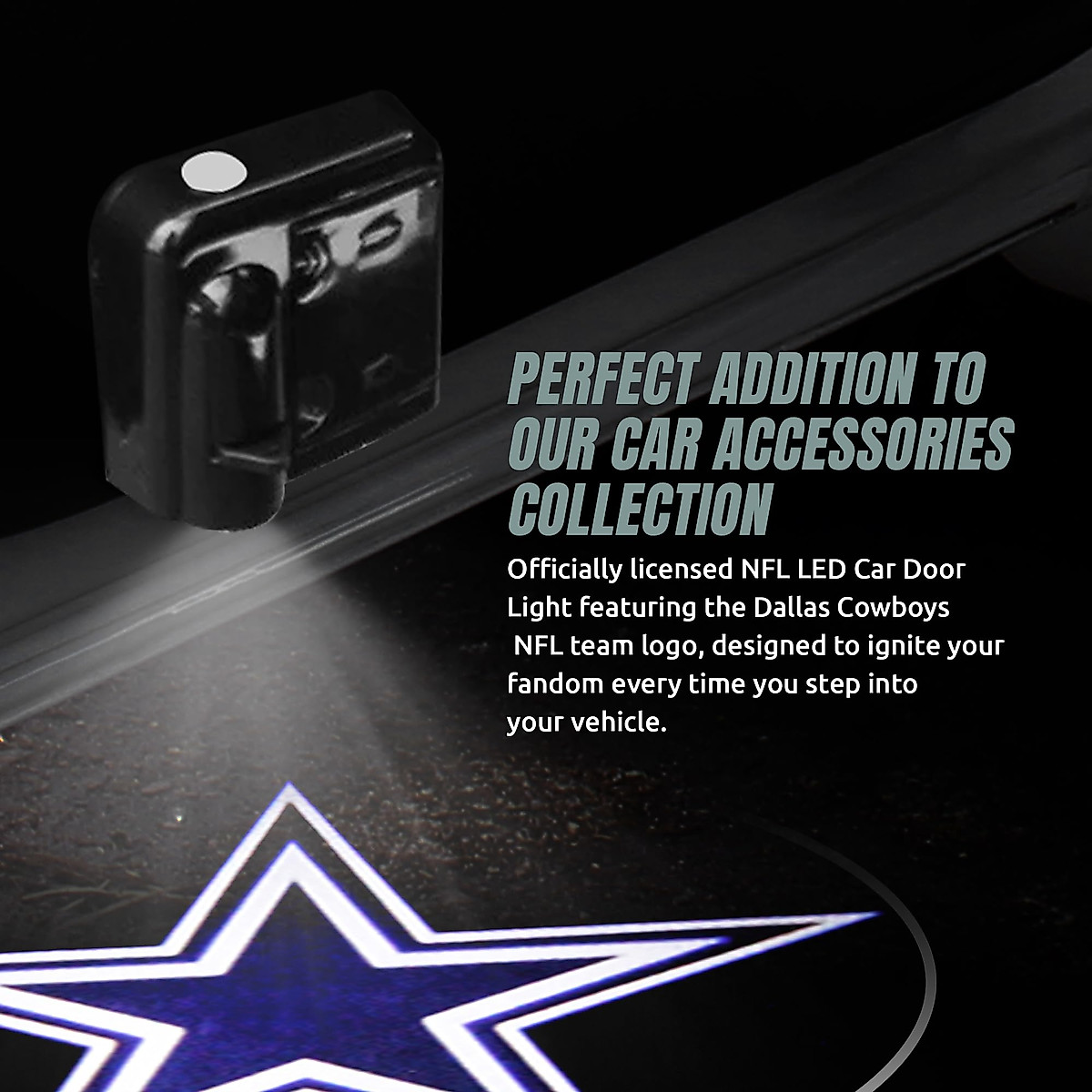 Sporticulture NFL American Football Dallas Cowboys - Led Car Door Light - Wireless Led Projector with One Team Logo Slide - Compatible for Most Car Models - Battery-Operated, 2.5” x 2.5”