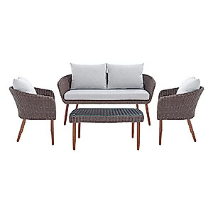 Bolton Furniture Athens All-Weather Wicker Outdoor Conversation 35" L Coffee Table, Set Chairs and Two-Seat Bench, Grey