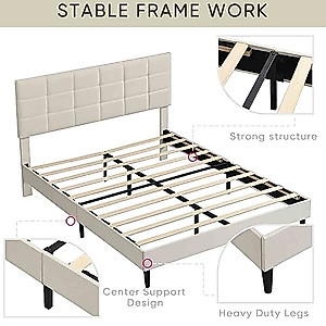 RIDFY Queen Bed Frame with Fabric Headboard, Upholstered Platform Bed Frame, Heavy Duty BedFrame with Wood Slat Support, Mattress Foundation/No Box Spring Needed/Easy Assembly (Beige)