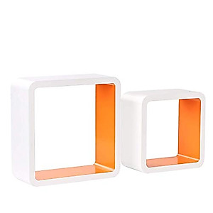 Homewell Set of 2 Cube Floating Shelves, Wood Wall Shelves for Home Decoration, Storage Display Rack, White+Orange.