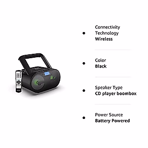 Riptunes CD Player Bluetooth Boombox AM/FM Portable Radio, Digital LCD MP3/CD, USB, mSD, Aux, Headphone Jack Stereo Sound System with Enhanced Bass, LCD Display with Remote, Black