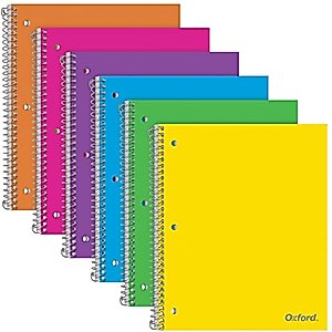 Oxford College Ruled Spiral Notebook 8.5 X 11 - Pack of 6 - College Ruled Paper - 1 Subject- Durable Plastic Cover -100 Sheets With Divider Pocket folder