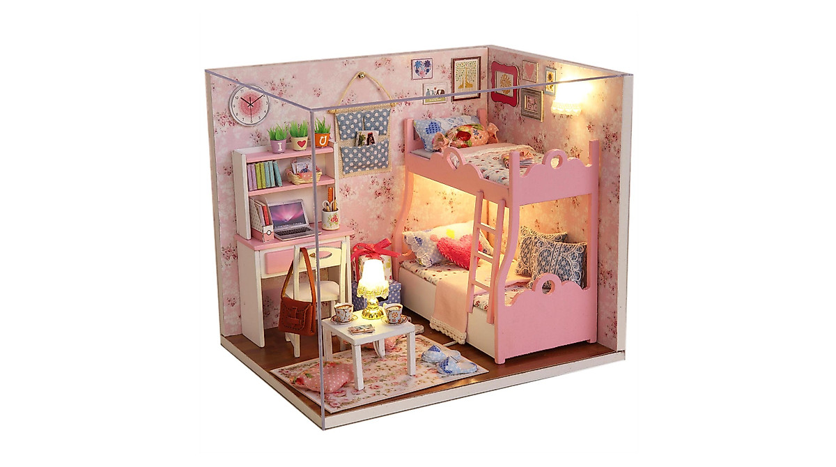 Ogrmar Wooden Dollhouse Kit with LED Light and Cover | DIY Miniatures