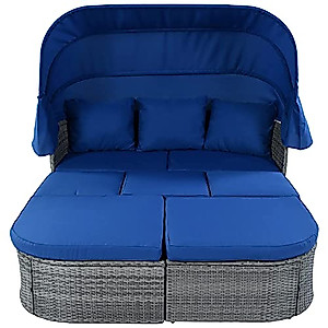 Merax Outdoor Patio Rattan Daybed Sunbed with Retractable Canopy, Sectional Conversation Sofa Set for Backyard and Porch, Blue