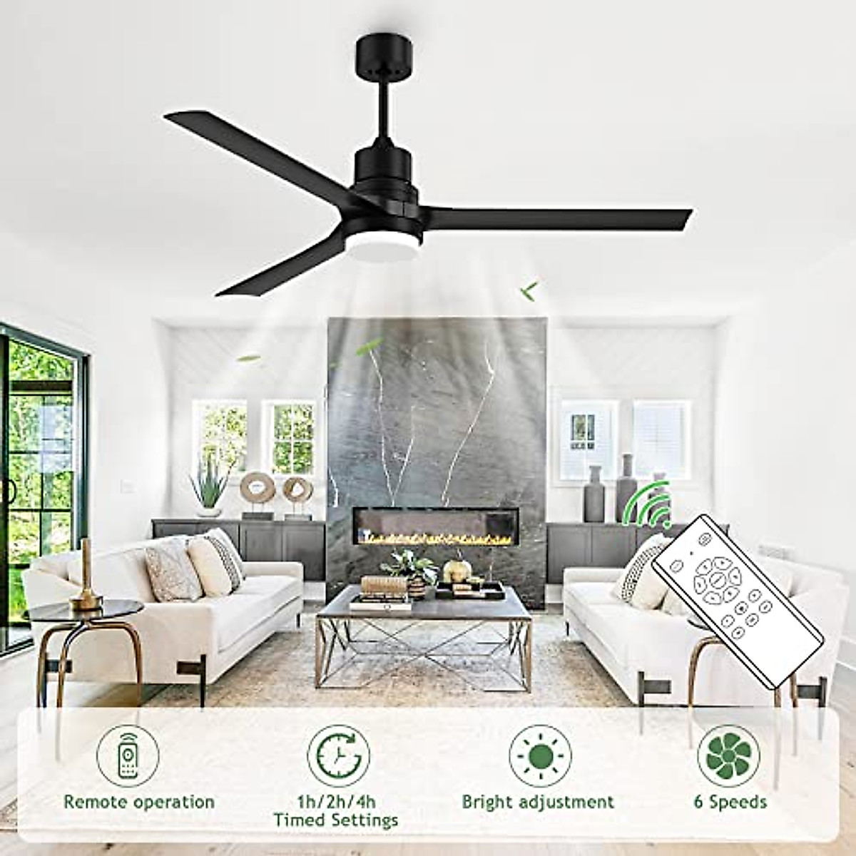 Biukis Ceiling Fans with Lights,Indoor and Outdoor Black Ceiling Fan with Remote Control, 60-inch Modern Ceiling Fans with Reversible DC Motor for Patio Bedroom Living Room