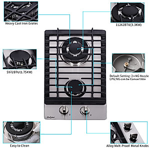 Anlyter 12 Inch Gas Cooktop, 2 Burners Built-in Gas Stovetop Stainless Steel Gas Stove Top LPG/NG Convertible Dual Fuel Sealed Gas Hob