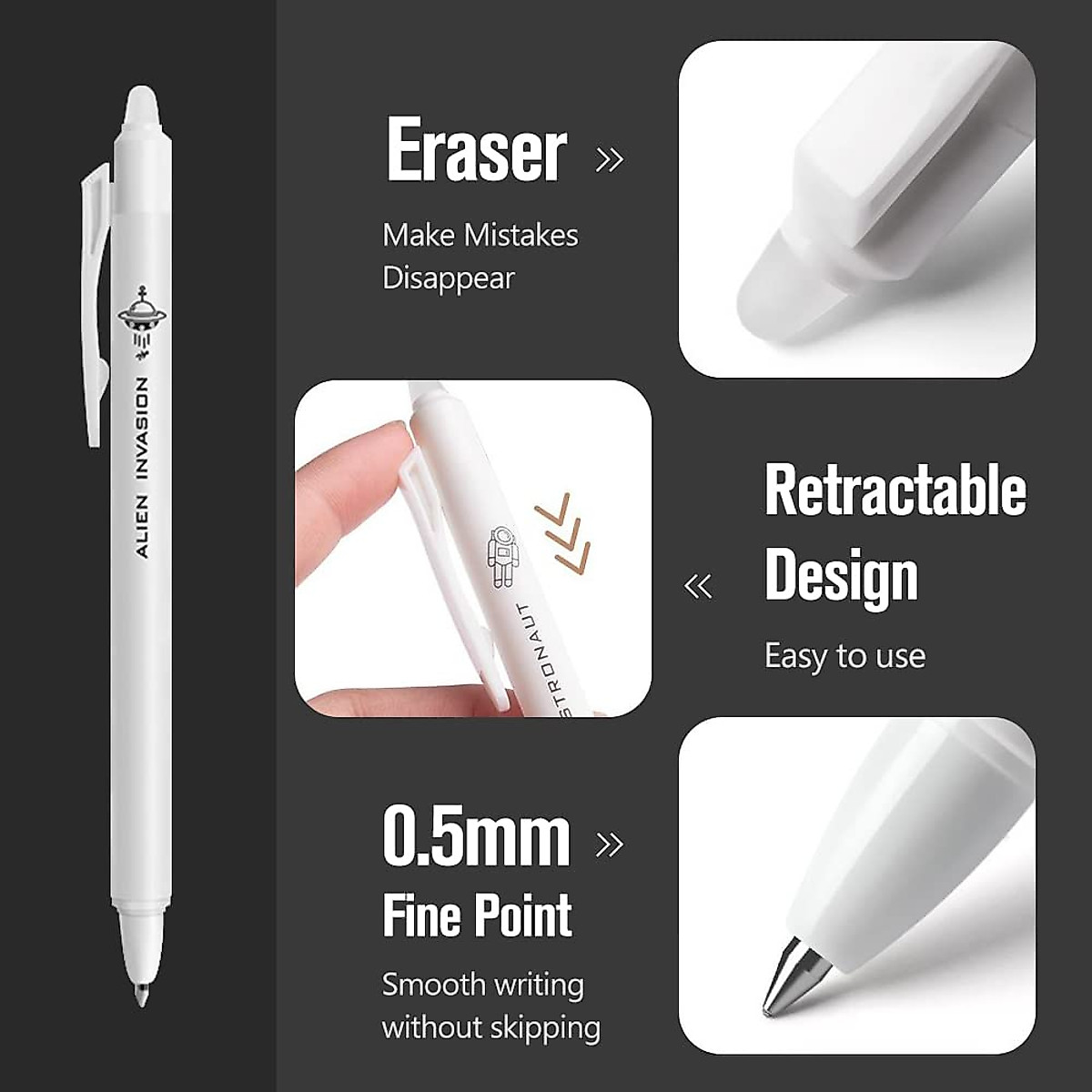 DRMAVI Cute Erasable Pens black,Gel Pens Erasable,Retractable Astronaut Pen with Eraser,Fine Point 0.5mm,White Barrel,Smooth Writing Pens for Note Taking,Journal,Planners (Blue ink)