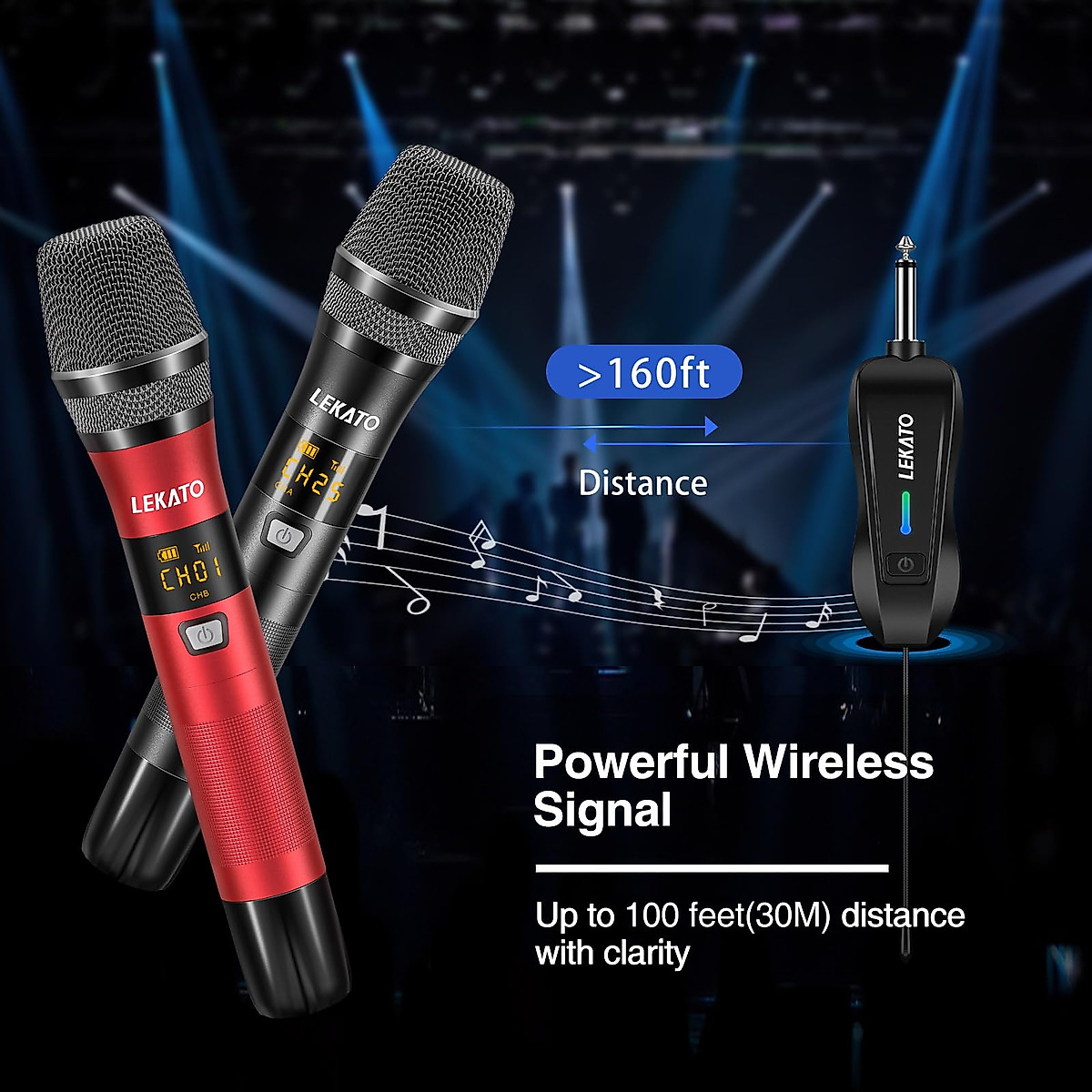 LEKATO Wireless Microphone, UHF Professional Microphones Rechargeable Metal Dual Wireless Microphone Dynamic Microphone System Set with Rechargeable Receiver for Karaoke Singing, Speech, Wedding