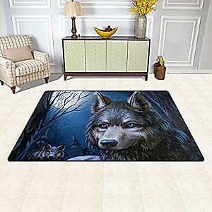 Yochoice Non-Slip Area Rugs Home Decor, Hipster Wolf Blue Night Sky Floor Mat Living Room Bedroom Carpets Doormats 60 x 39 inches