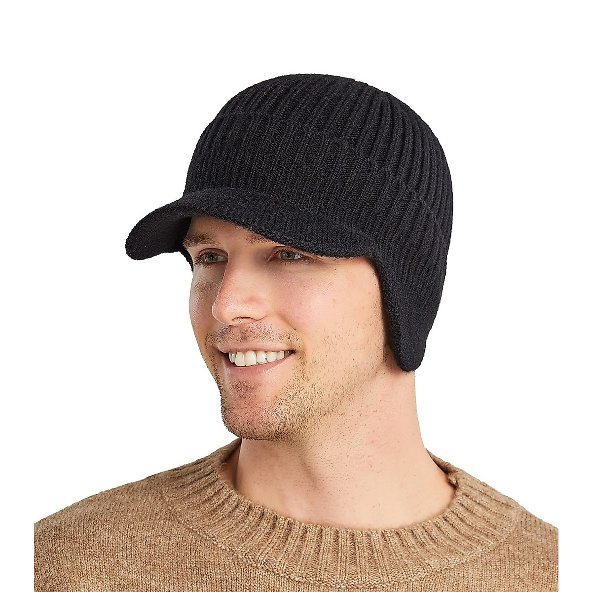 Koreshion Men's Winter Visor Beanie Hat with Earflaps Knit Baseball Cap with Brim Ski Hat Warm Fleece Lined Hunting Hat Black