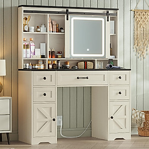 HAUOMS Farmhouse Makeup Vanity Desk with Sliding Lighted Mirror, Glass Top Vanity Desk with Power Outlet, Rustic Vanity Set, Antique White