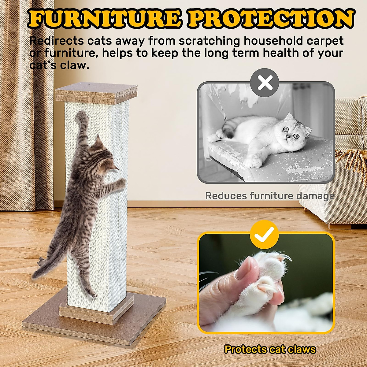 MAOHEGOU 27IN Cat Scratching Post, Nature Sisal Cat Scratch Post for Indoor Cats