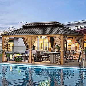 EROMMY 12' x 20' Gazebo, Wooden Finish Coated Aluminum Frame Canopy with Double Galvanized Steel Hardtop Roof, Outdoor Permanent Metal Pavilion with Curtains and Nettings for Patio, Backyard and Deck