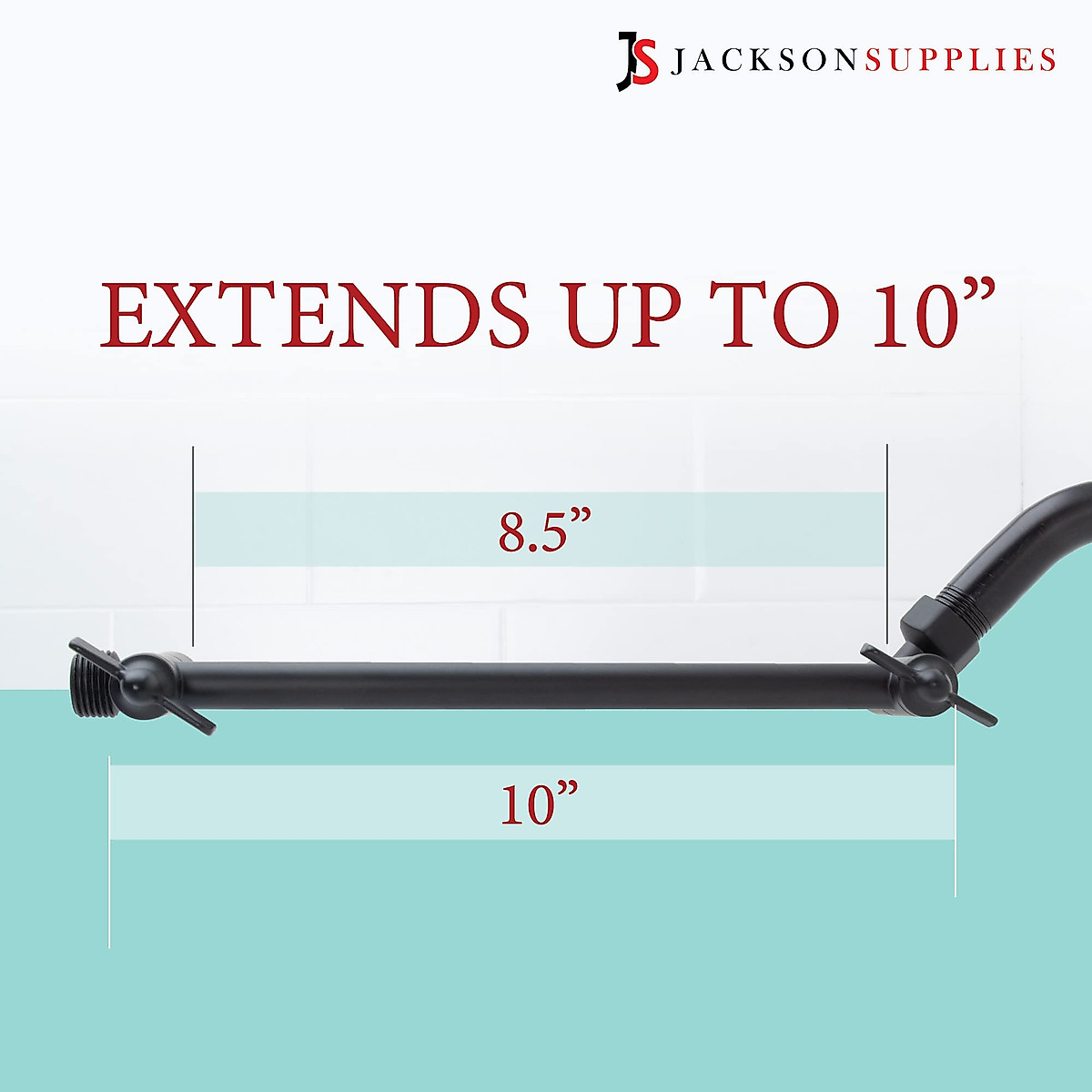 Shower Head Extension Arm by JS Jackson Supplies, Adjustable 10 Inch Showerhead Extender, Solid Brass Construction, Universal Tall Hi-lo Pipe Height Extending (Black Finish)