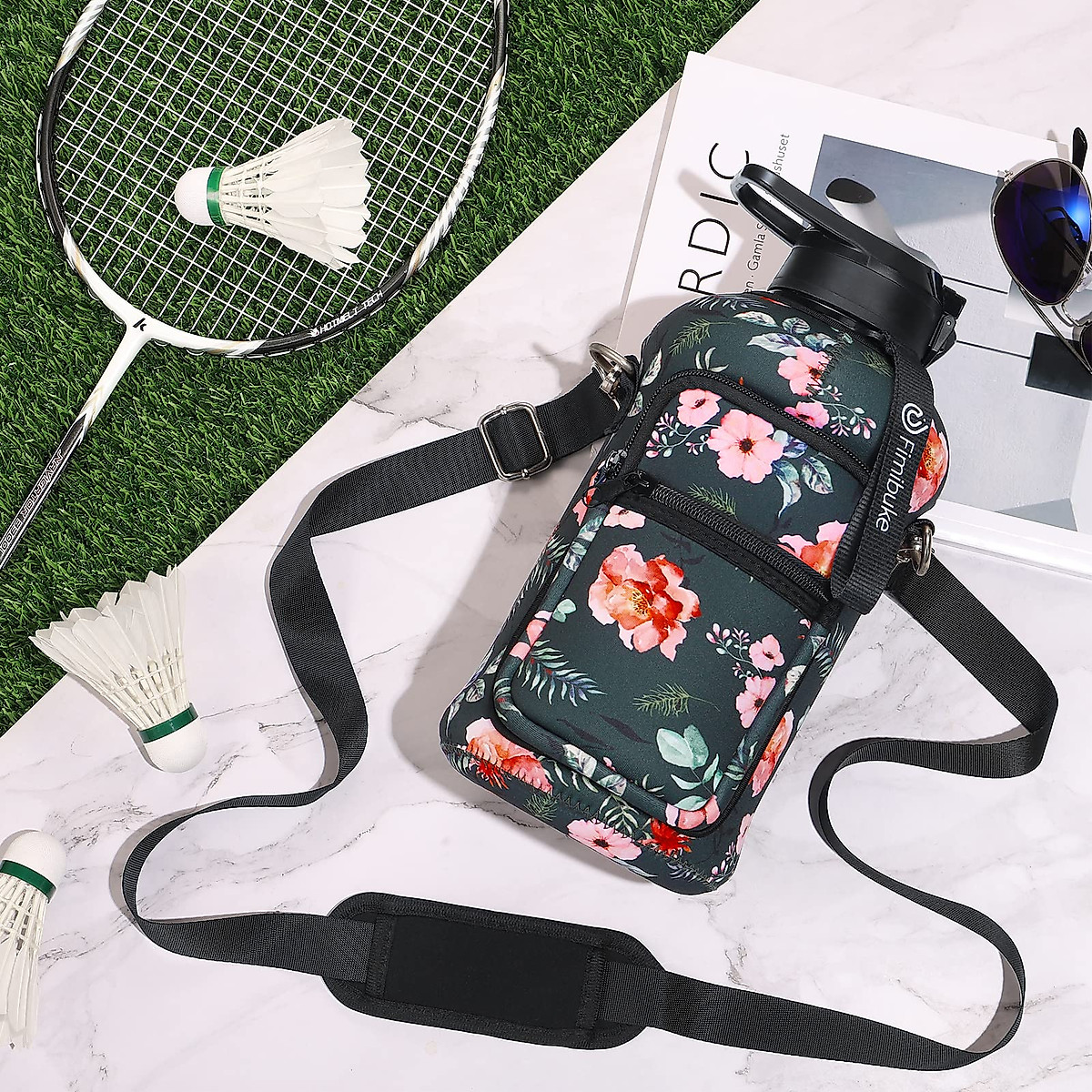 Fimibuke Half Gallon Water Bottle with Sleeve 64 OZ Water Bottle with Handle & Straw Leakproof Motivational Sport Gym Water Bottle with Time Marker BPA Free Water Jug with Neoprene Holder - Retro Rose