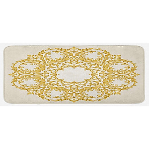 Ambesonne Victorian Kitchen Mat, Traditional Floral Oval Ornament of Baroque Elements in Turkish and Ottoman Style Curlicue Art, Plush Decorative Kitchen Mat with Non Slip Backing, 47" X 19", Cream