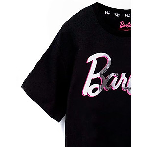 Barbie T-Shirt for Women | Ladies Doll Logo White Pink | Black Longline Relaxed Design Top Clothes Medium