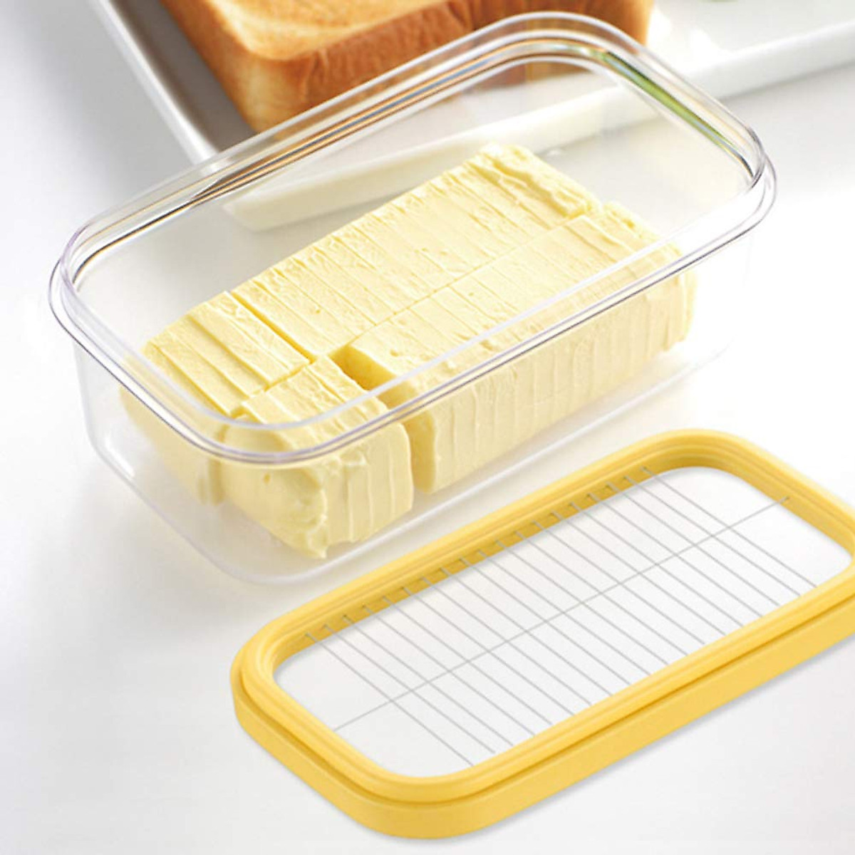 Butter Dish with Lid Rectangle Butter Keeper with Cutter Slicer for Easy Cutting and Storage, Butter Box for Refrigerate Butter Container Butter Case(White + Yellow)