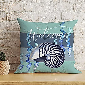 Nautical Throw Pillow Cushion Sea Snail Coastal Ocean Welcome White Linen Sofa Pillow Sailboat Home Decorative Pillowcase with Zippe for Living Room Bedroom 24x24in Birthday Housewarming Gift