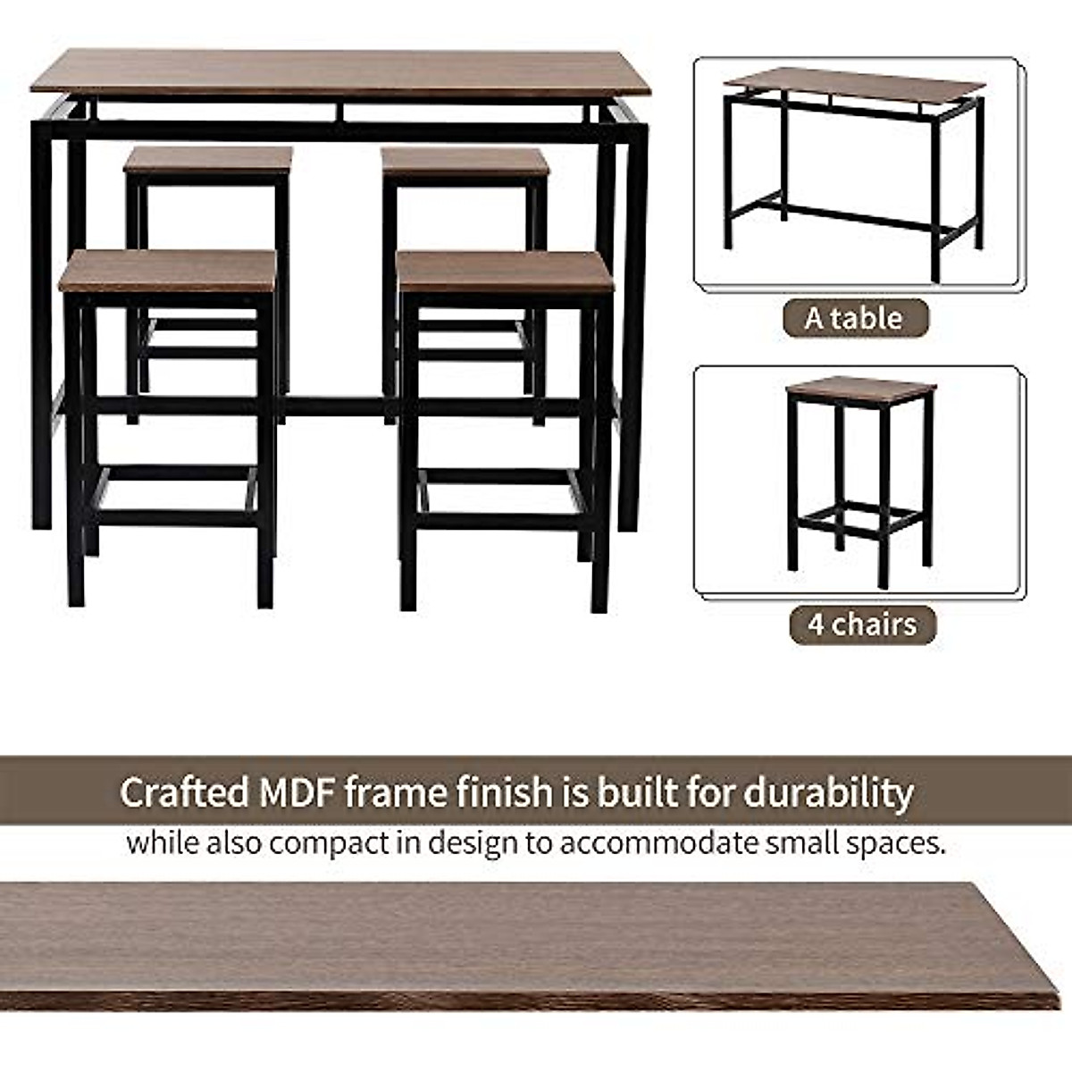 P PURLOVE 5 Pcs Dining Table Set for 4,Counter Height Table and Chair Set for 4, Wood Pub Bar Table Set Perfect for Breakfast Nook, Small Space