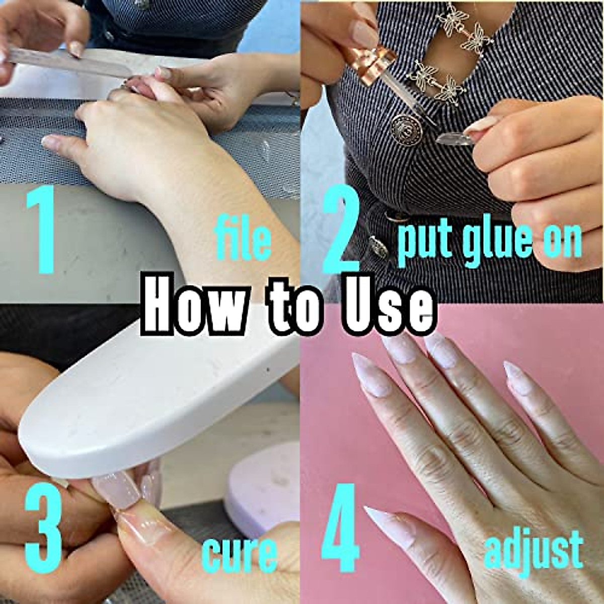 NOVO OVO 500 pcs Short Stiletto Full Cover French Manicure Nail Tips, Extra Sharp Arrow Head Mountain Peak Edge Pointy Eagle Cat Claw Fishbone Clear False Fake Nails Extension for Acrylic 10 Sizes