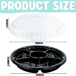 JiaUfmi 12 Pieces Round Appetizer Serving Trays with Lids 10 Inches Veggie Fruit Trays Disposable Food Storage Containers 6 Divided Compartments Serving Containers Veggie Trays for Party (Black)