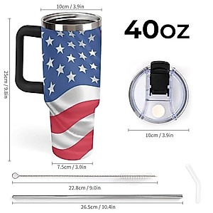 Stainless Steel Cups Red Blue White American Flag, Handle Tumbler Cup with Rubber Ring and Straw, Funny Water Bottle for Women and Men Outdoor Travel