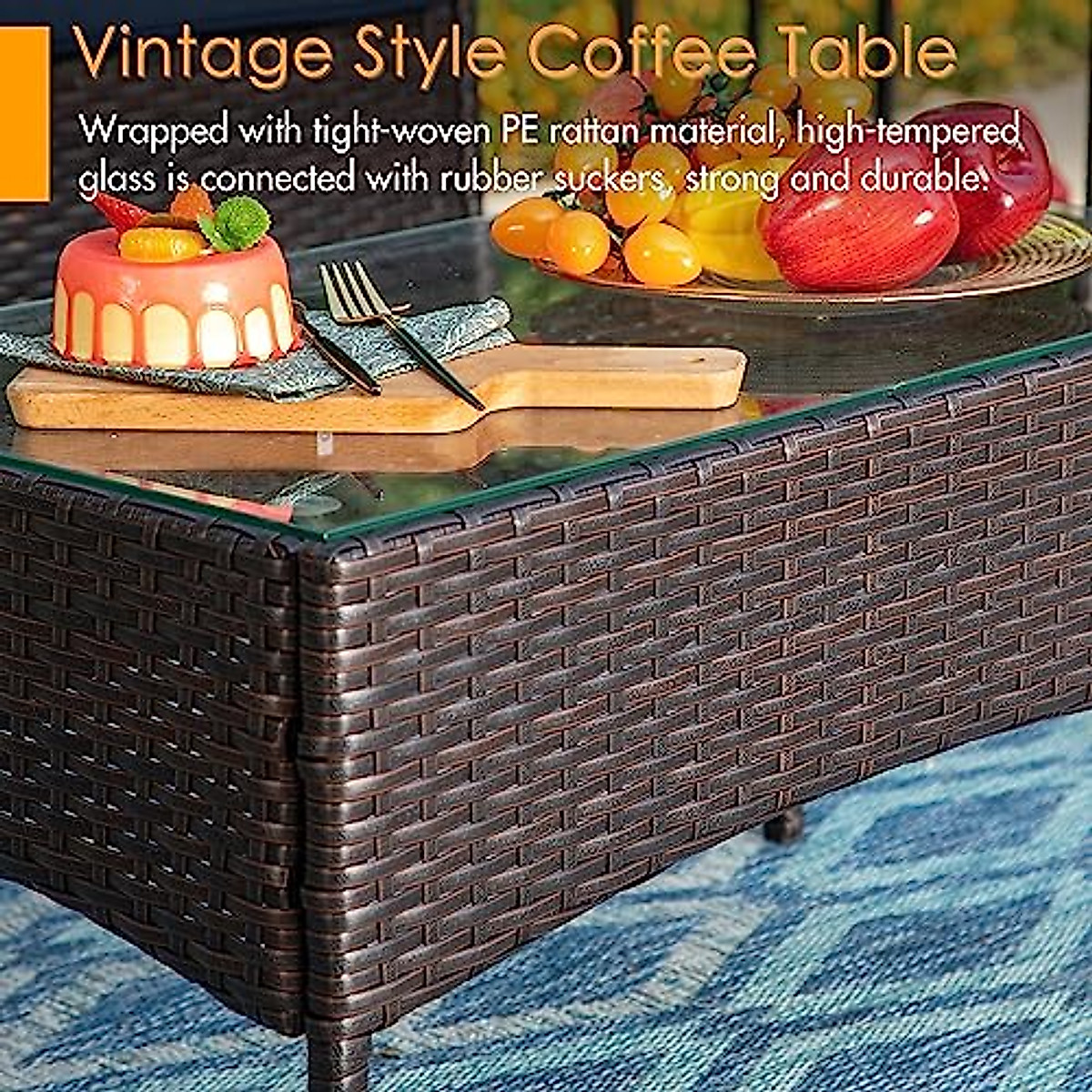 PHI VILLA 4 Pieces Outdoor Furniture Set, Wicker Loveseat & Chairs with Thick Gray Cushions & Glass Coffee Table, Modern Sectional Conversation Sofa Set for Patio, Deck, Yard, Porch